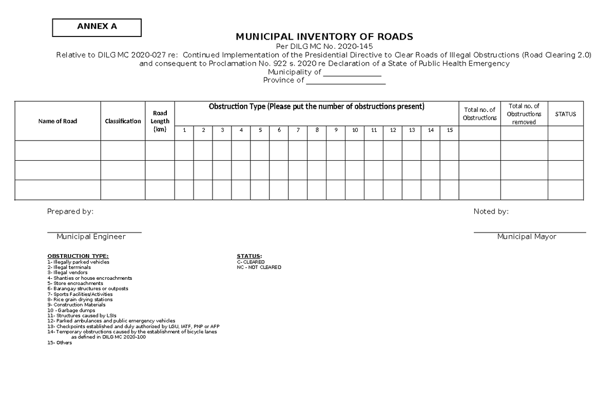 Road Clearing Compliance Report Template (DILG MC 2020-027) - Studocu