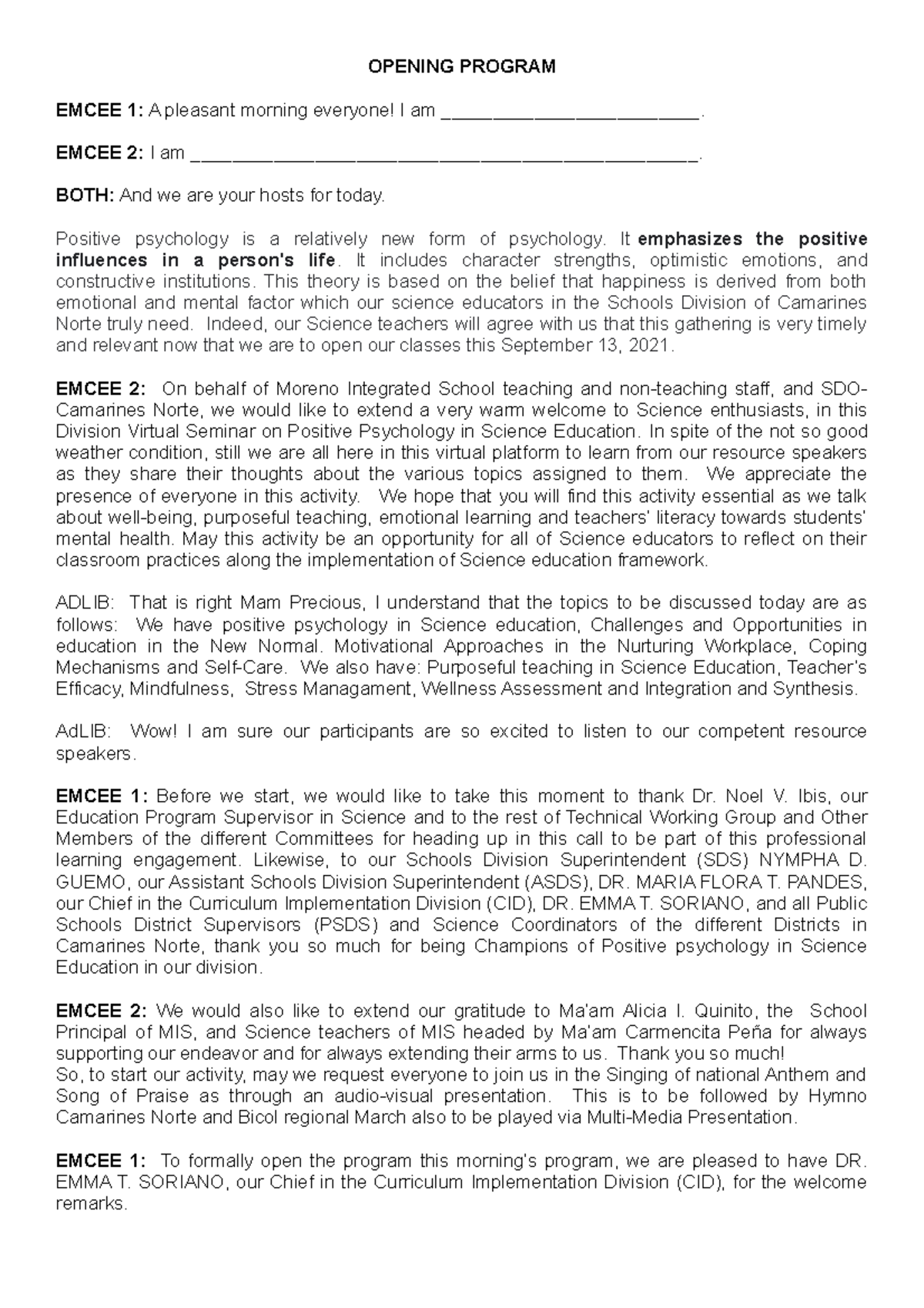 Script for Virtual Orientation on Positive Psychology - OPENING PROGRAM ...