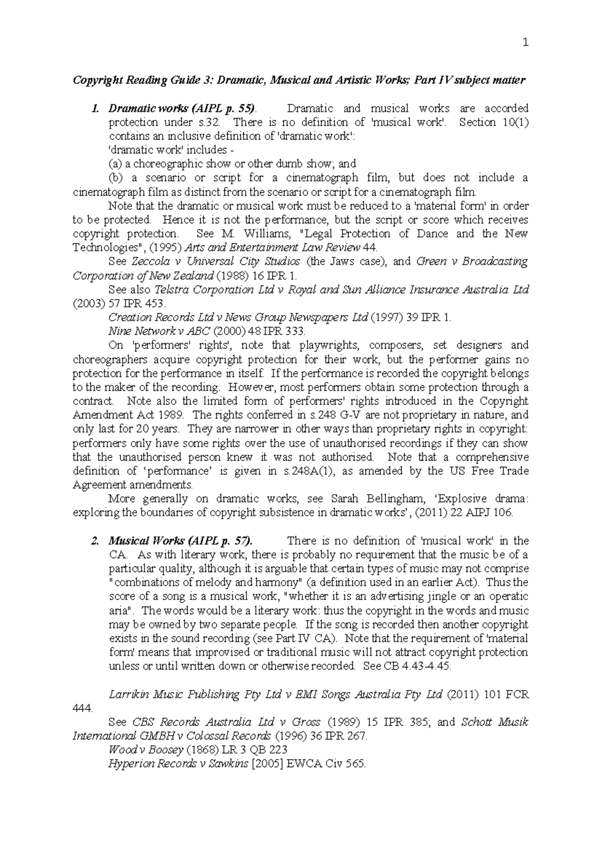 Reading Guide 3: Copyright in Dramatic, Musical, and Artistic Works ...
