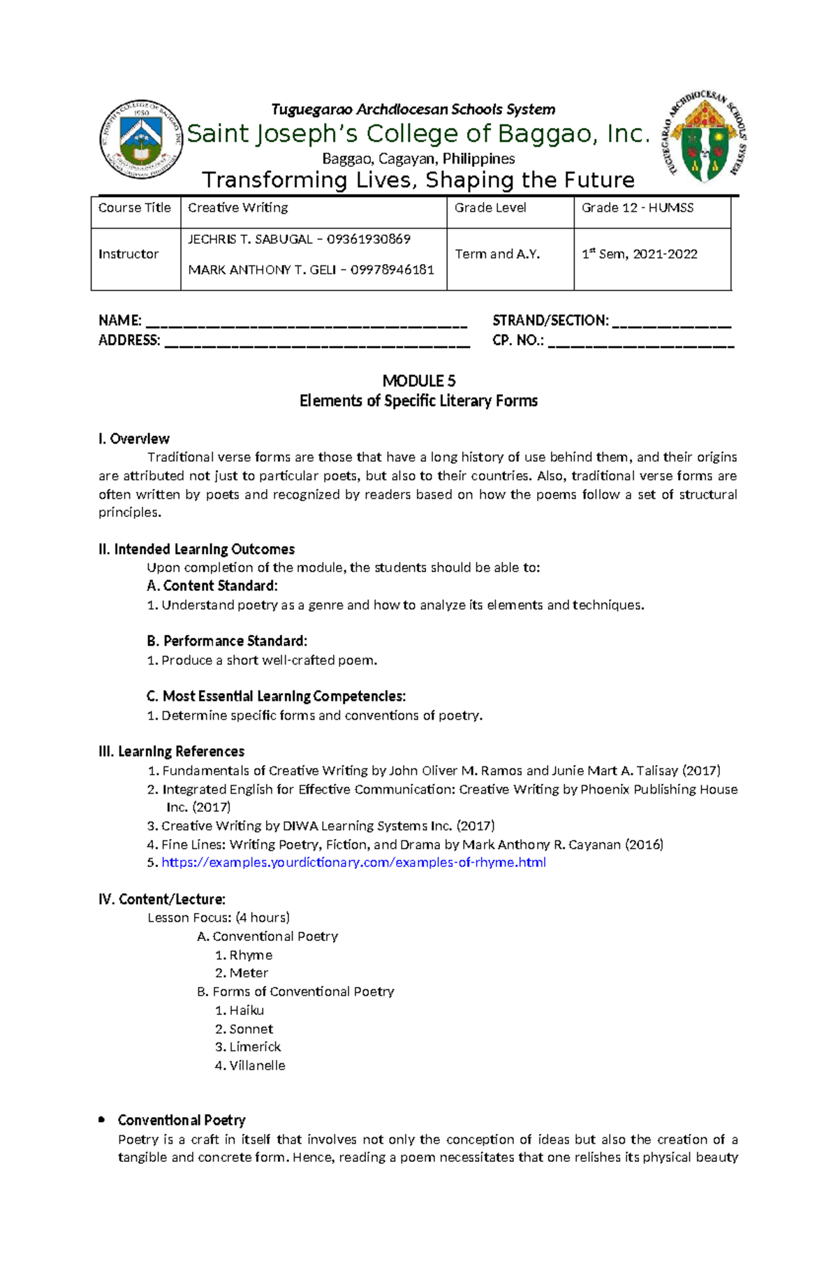 Creative Writing Modules 5-9: Exploring Poetry and Fiction Elements ...