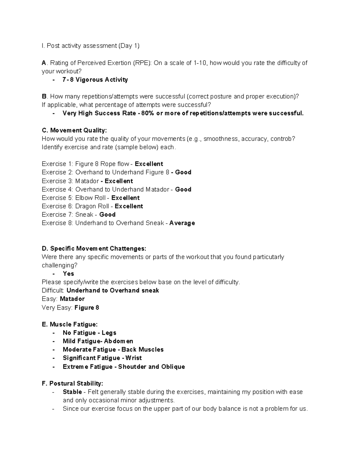 Post Activity Assessment (Day 1) - RPE & Movement Quality Evaluation ...