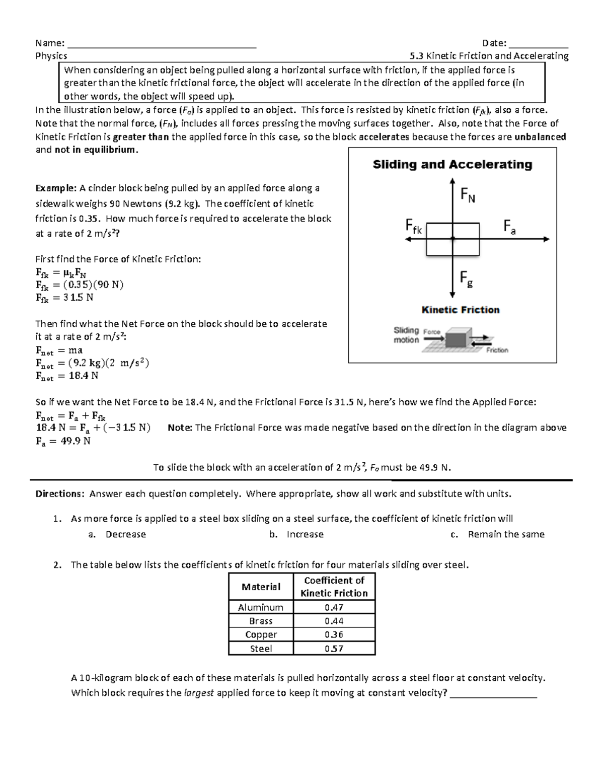 Physics 5.3 Practice Problems on Kinetic Friction - Studocu