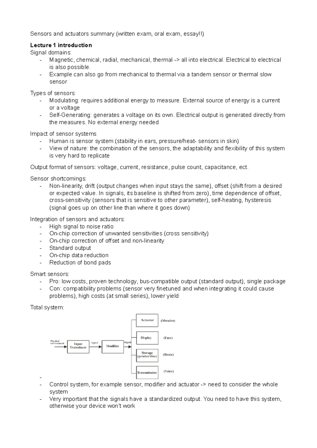 Summary of Sensors and Actuators: Lecture 1, 2 & 3 Notes (ENG-320 ...