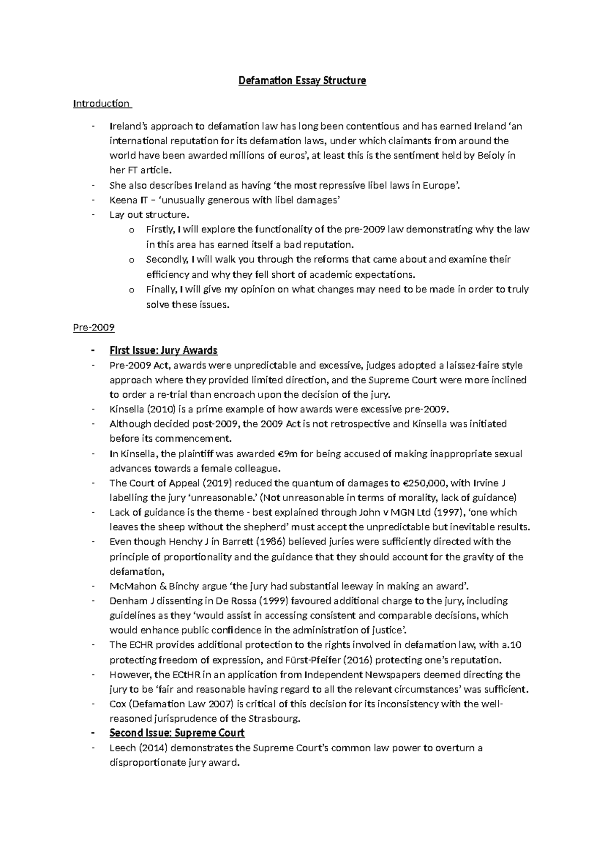 Defamation Law Essay Plan: Structure and Key Issues Analysis - Studocu