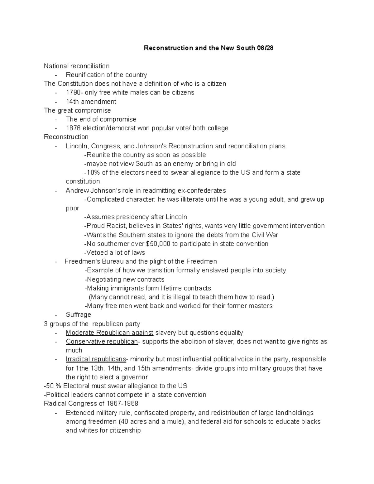Reconstruction Era History Notes & Key Amendments (HIST 101) - Studocu