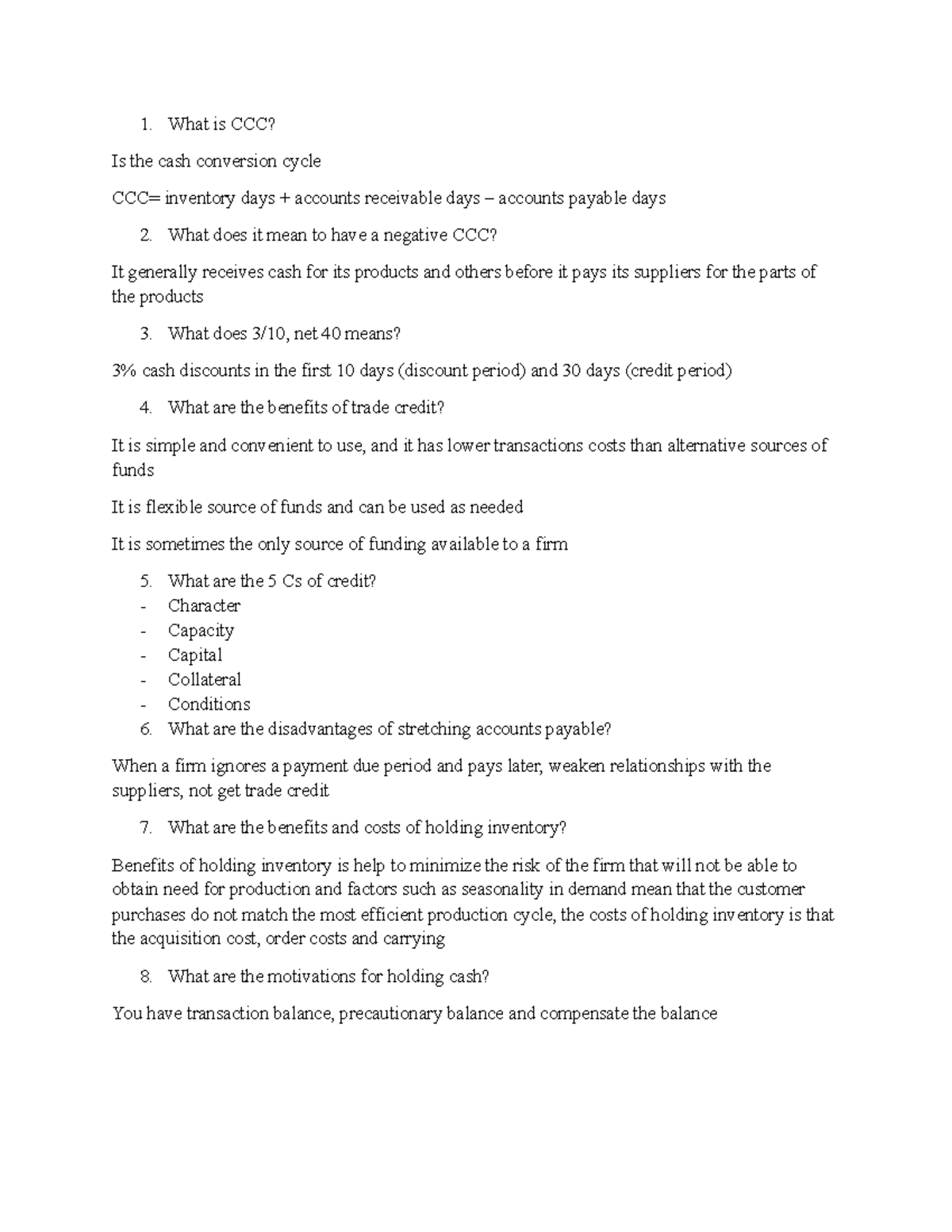 Practice Questions on Working Capital Management (WCM) - Studocu