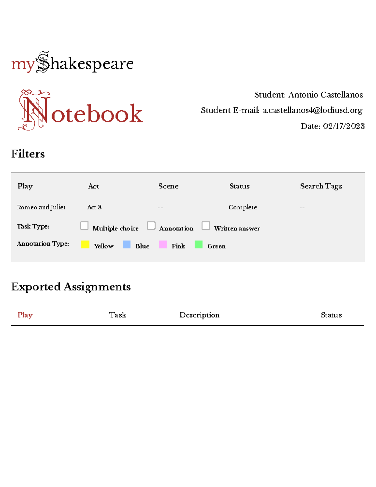 Act3 work - Romeo and juliet - myShakespeare Notebook Student: Antonio ...