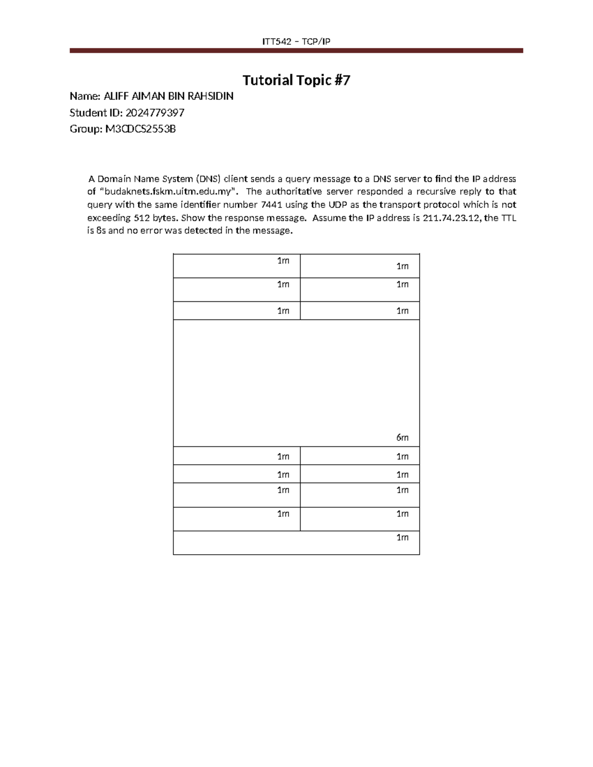 ITT542 Tutorial Topic DNS Q - ITT542 – TCP/IP Tutorial Topic Name ...