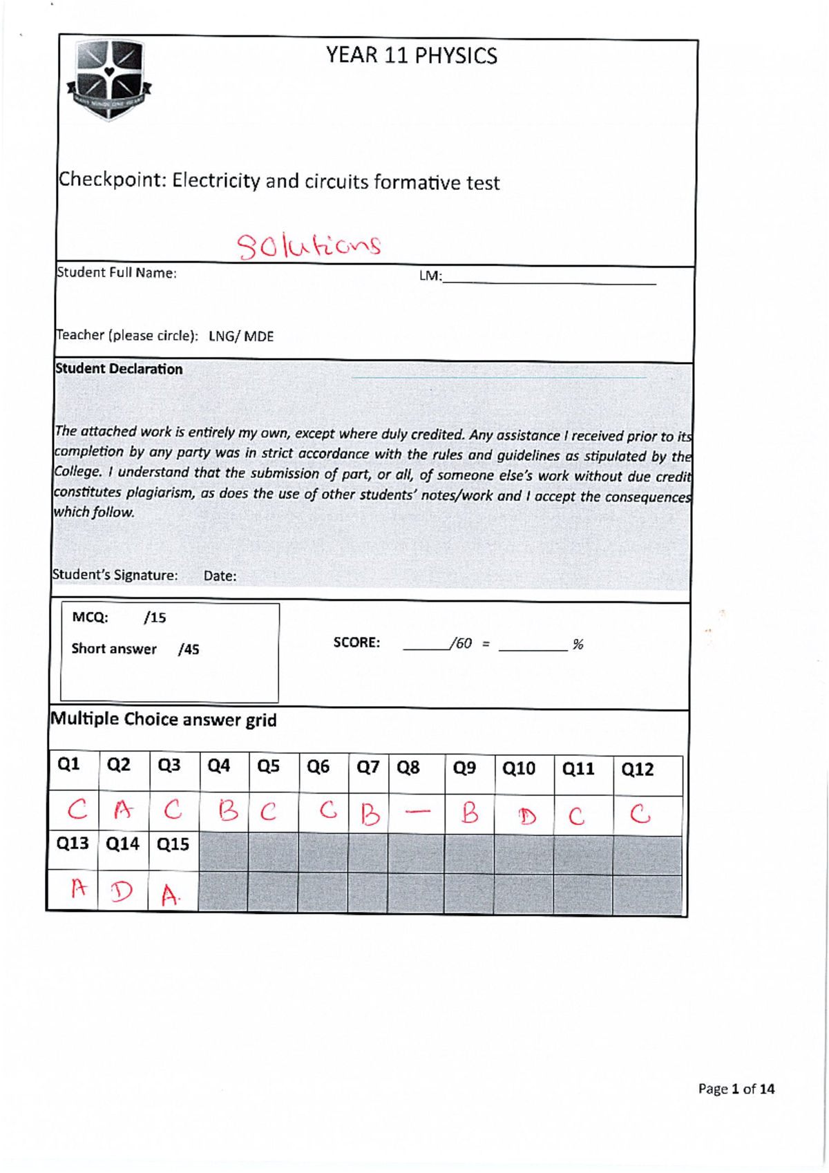 YEAR 11 PHYSICS 2024: Electricity & Circuits Formative Test Solutions ...