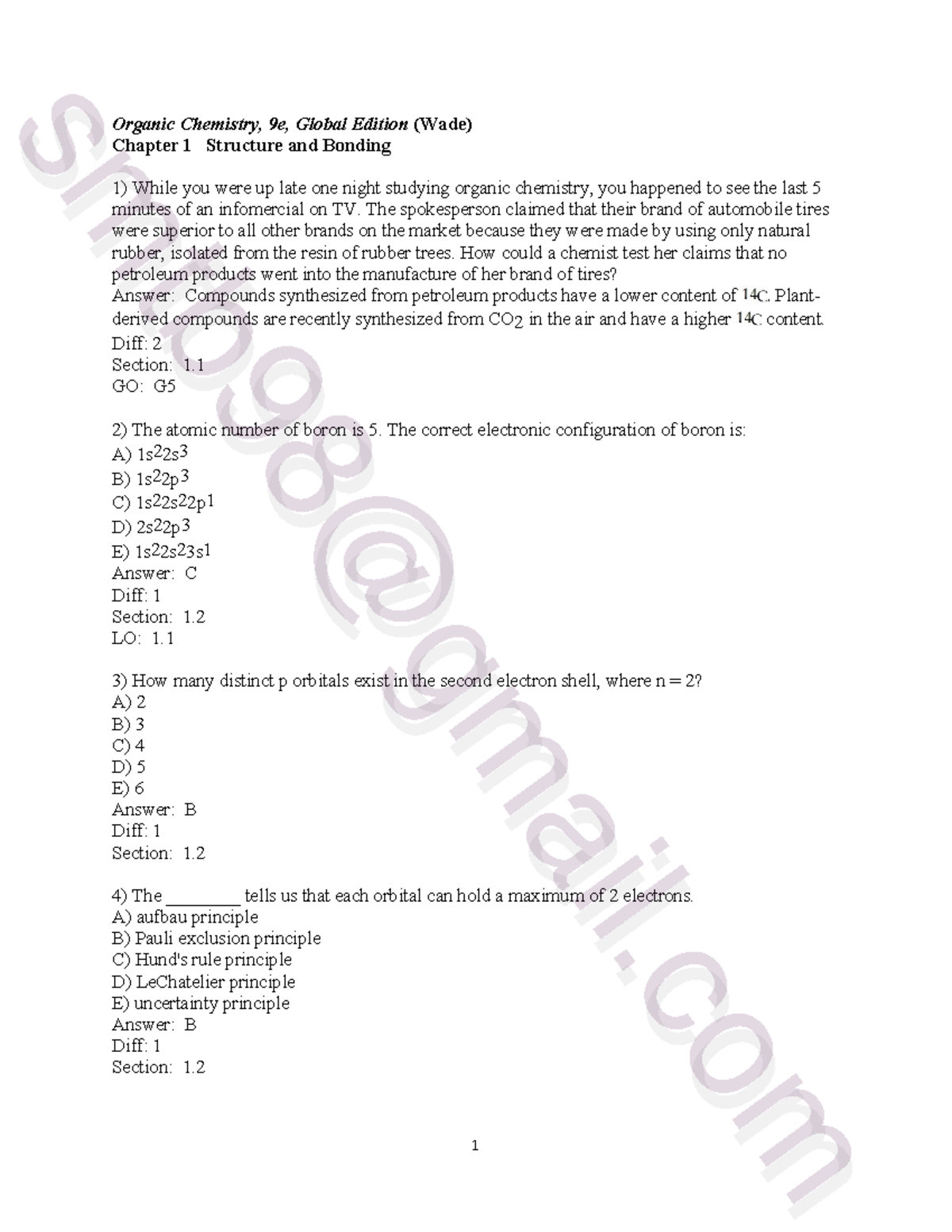 Test Bank for Organic Chemistry (Wade) - Chapter 1: Structure & Bonding ...
