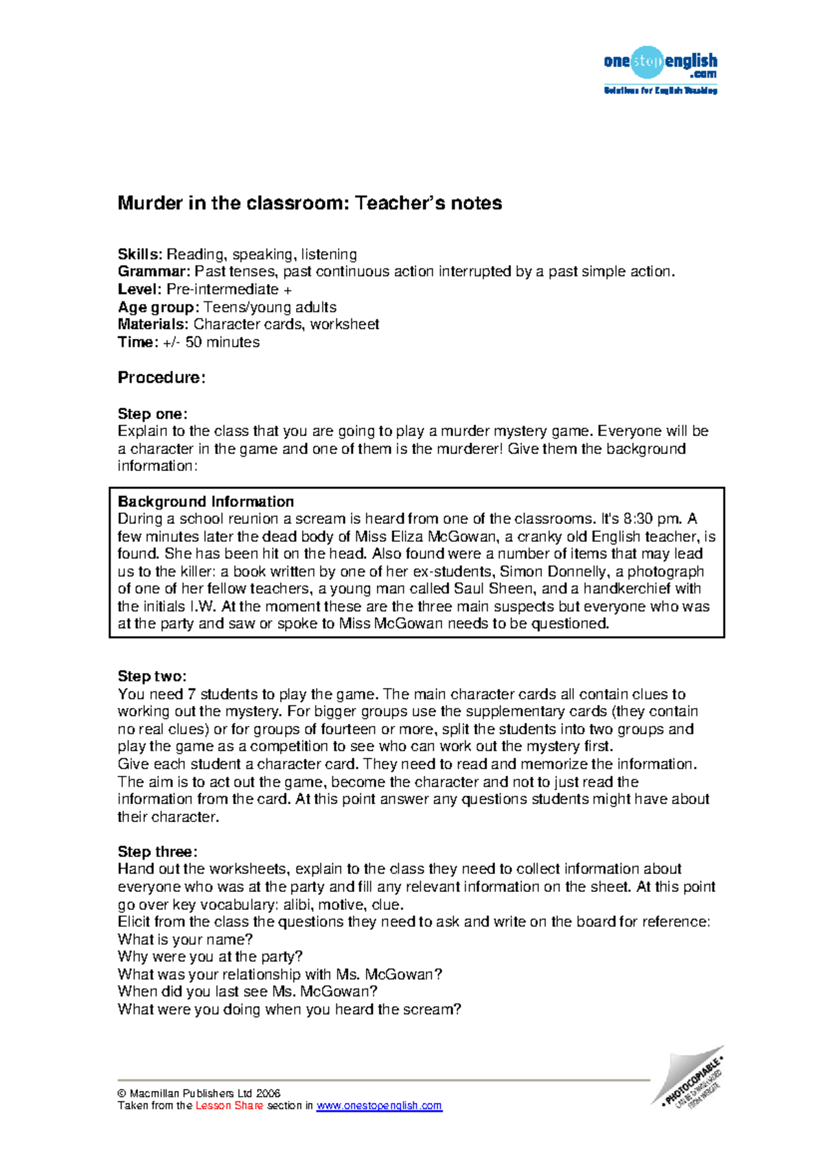 Speaking Murder IN THE Classroom - Murder in the classroom: Teacher’s ...