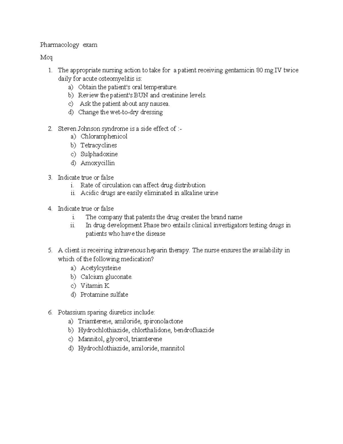 Pharmacology Exam MCQ & SAQ Review for Nursing Students - Studocu