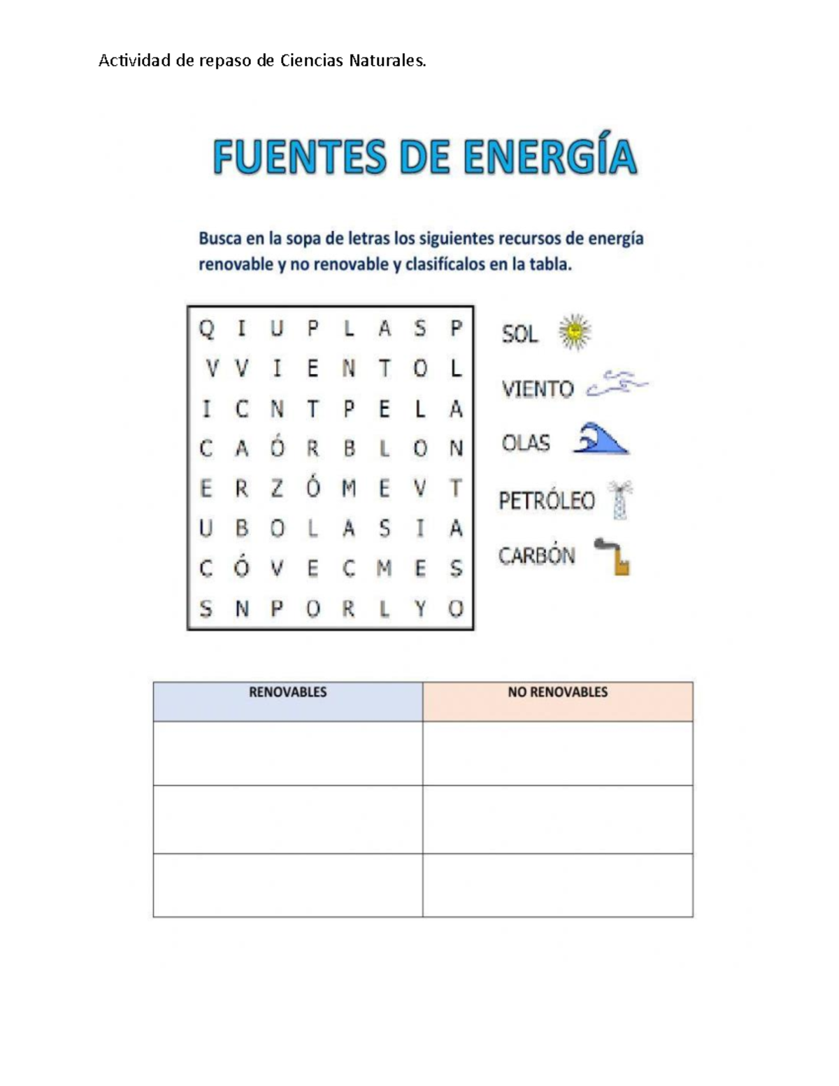 Actividad de Repaso de Ciencias - educación inicial - FUENTES DE ...