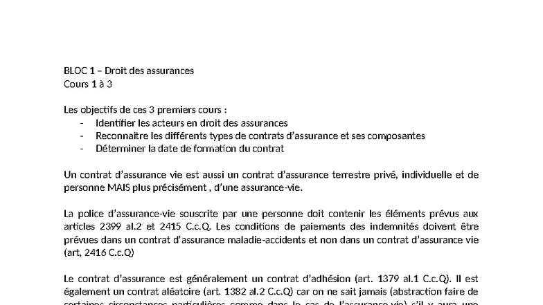 BLOC 1 Droit des Assurances - Cours 1 à 3: Concepts Clés et Contrats ...