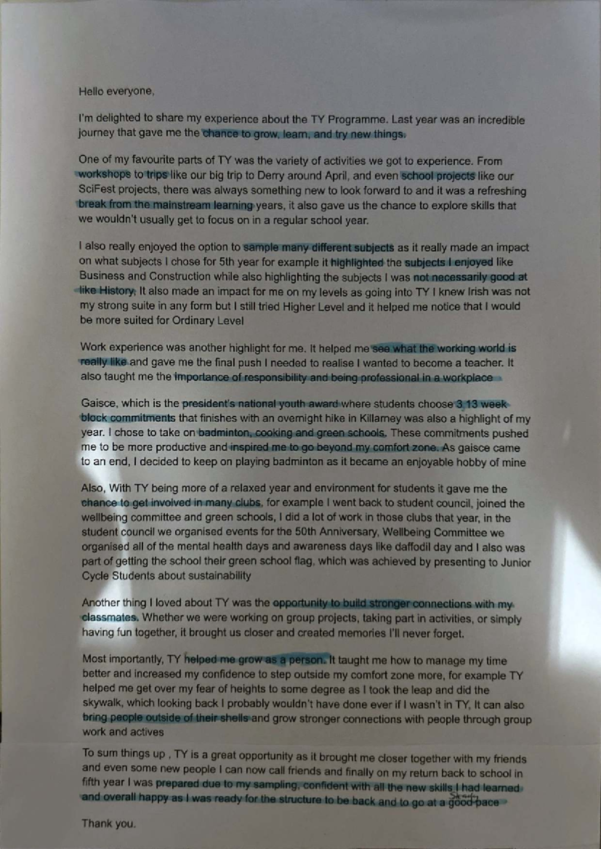 TY Programme Experience Reflection: Growth & Connections - Studocu