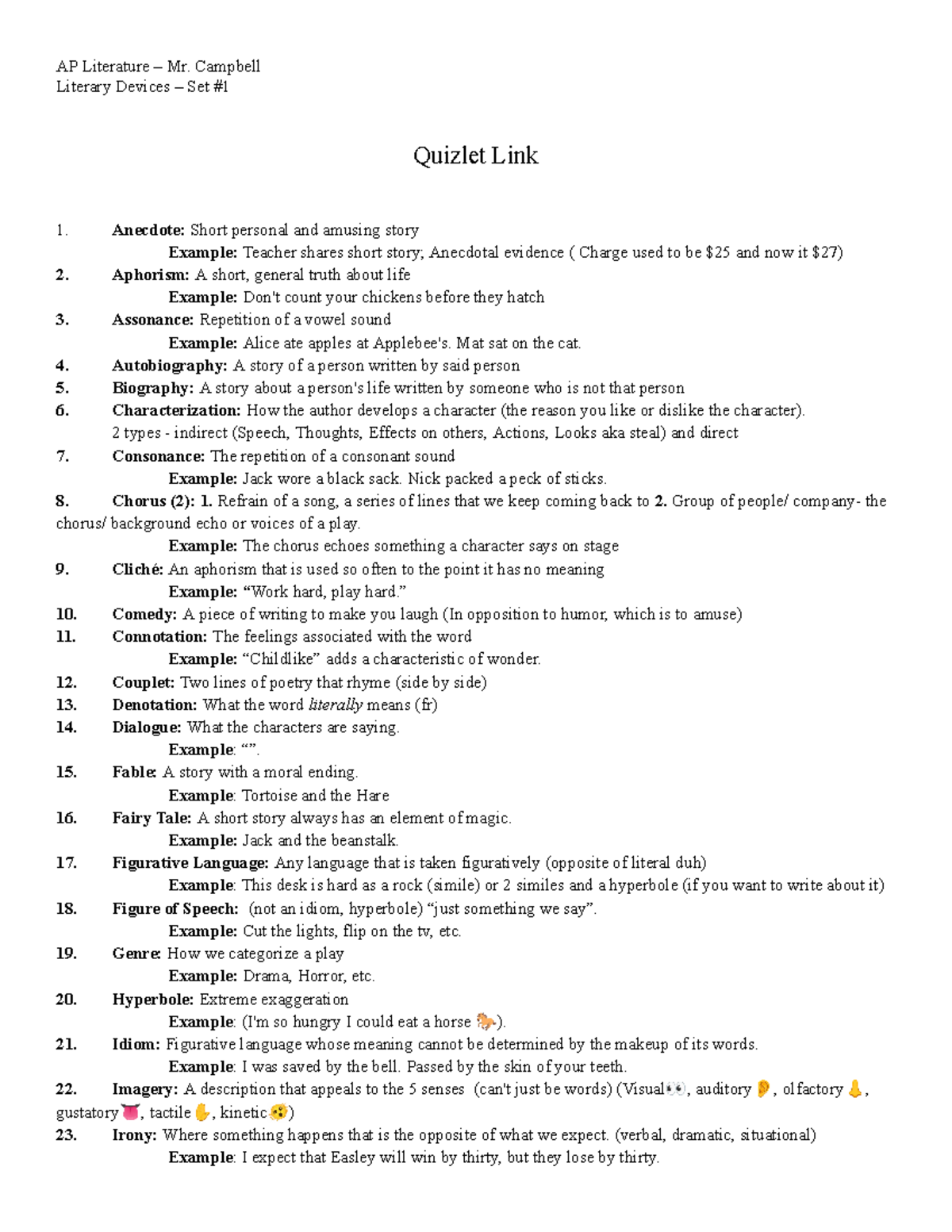 AP Literature Mr. Campbell Literary Devices Set #2 Quizlet Guide - Studocu