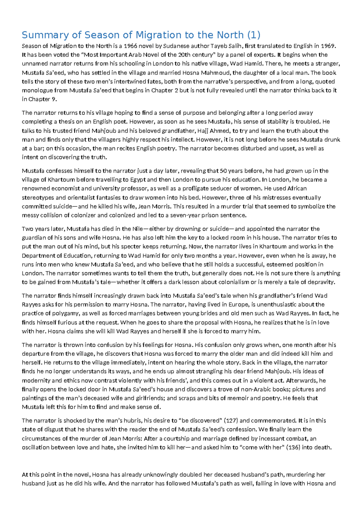 Summary of Season of Migration to the North (ENG 101) - Studocu