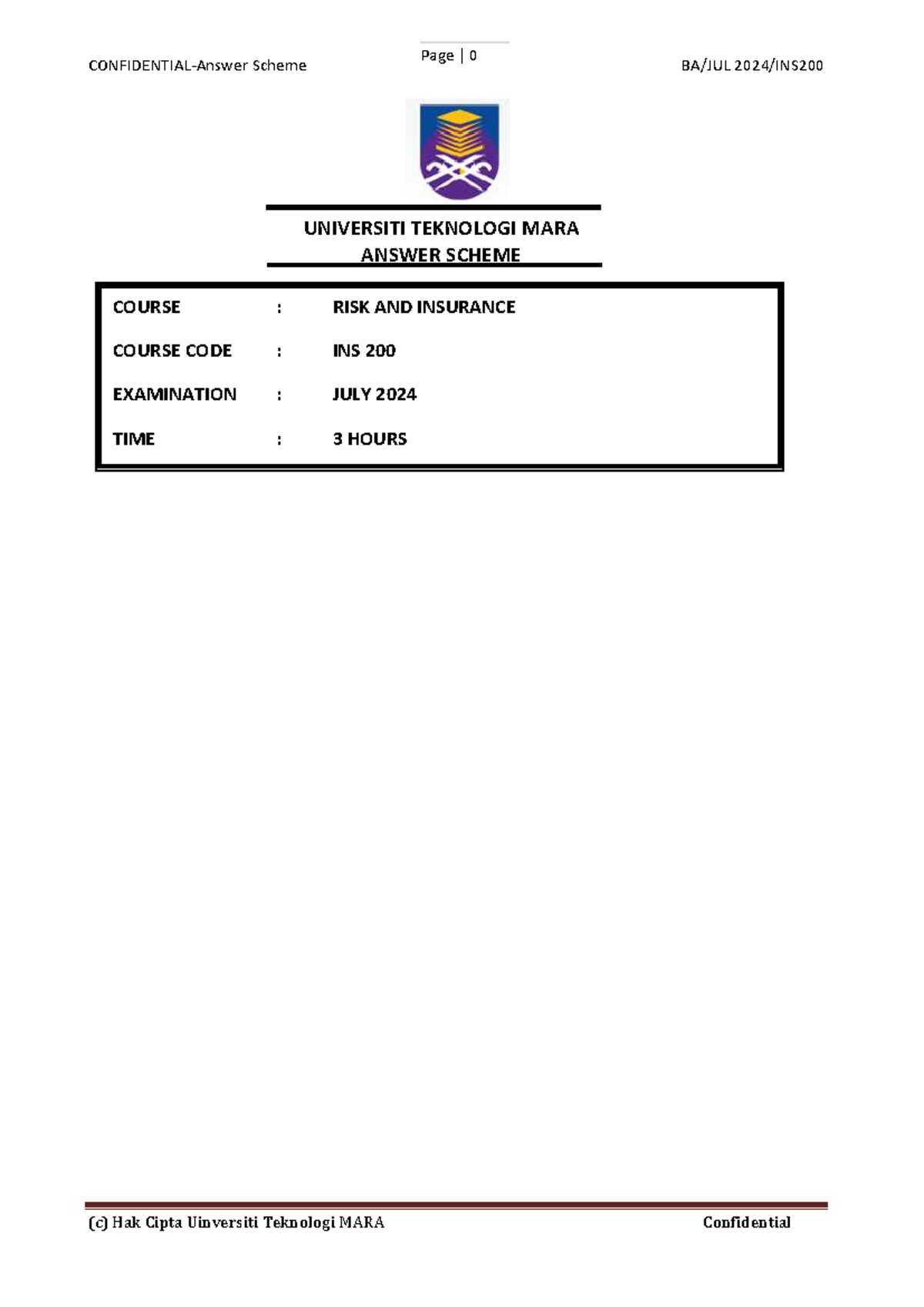 INS200 July 2024 Final Exam Answer Scheme for Risk & Insurance - Studocu