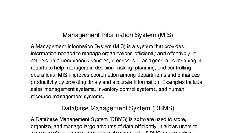 MIS, DBMS, BPR, DSS, and ERP Overview and Insights - Studocu