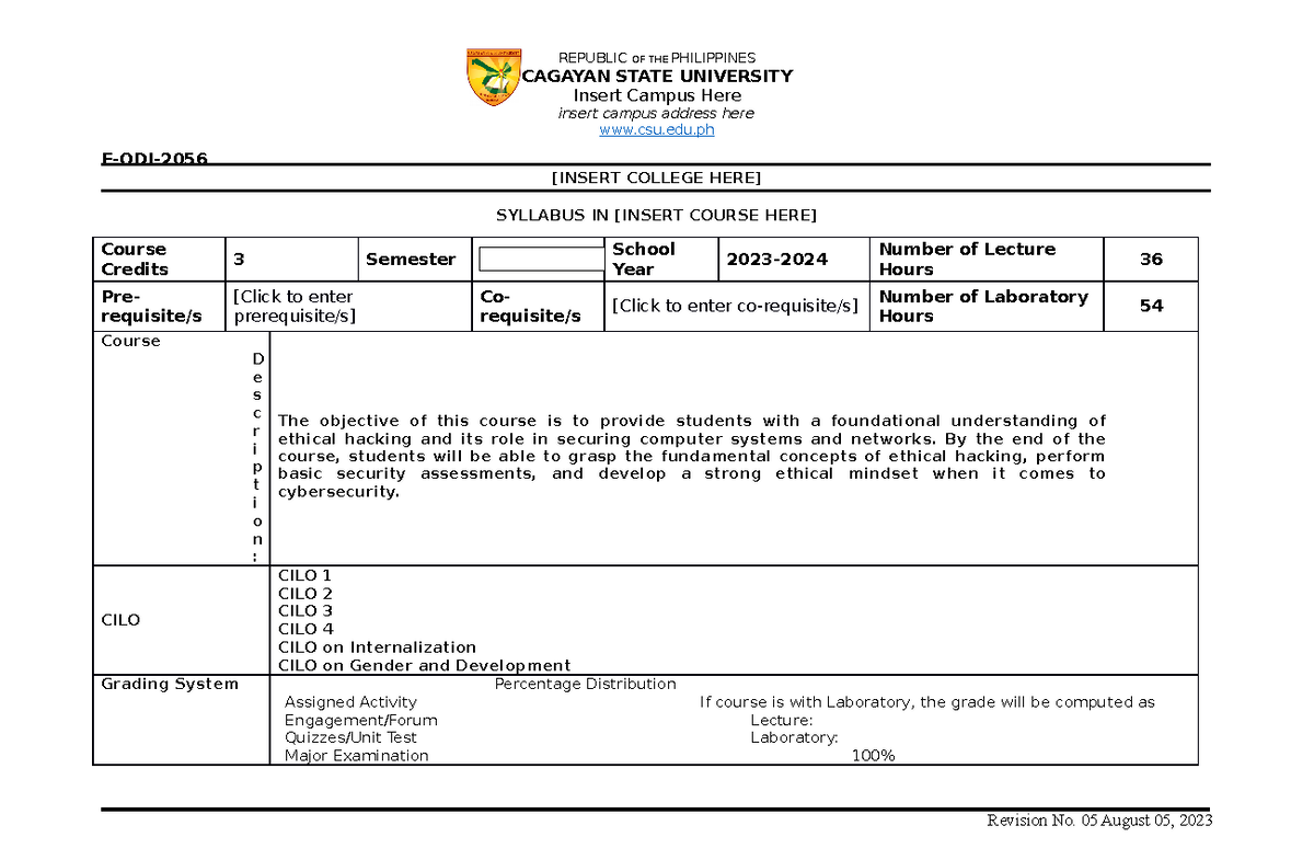 Ethical Hacking Syllabus 2023 - REPUBLIC OF THE PHILIPPINES CAGAYAN ...