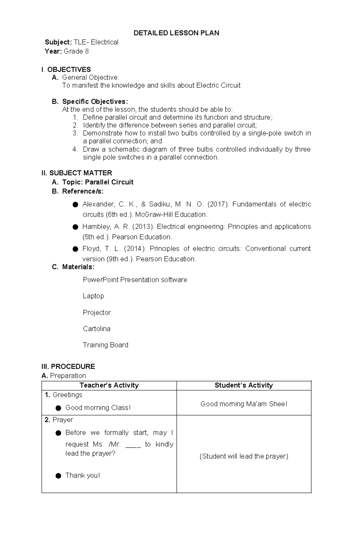 Detailed Lesson Plan on Parallel Circuits for Grade 8 TLE-Electrical ...