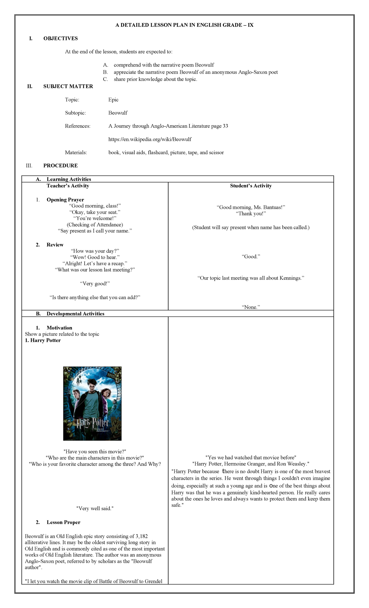 414244010 Detailed Lesson Plan on Beowulf for Grade IX - Studocu