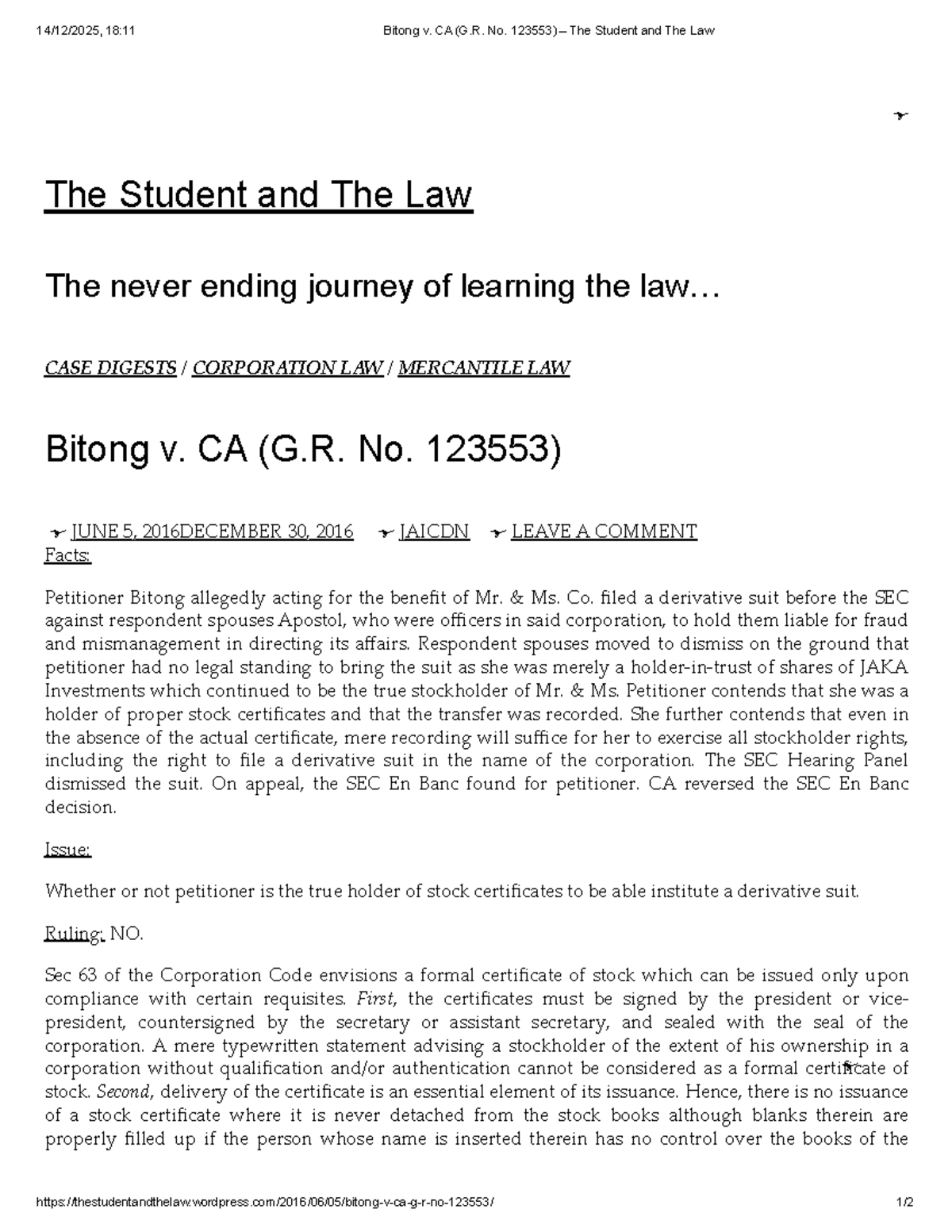 18:11 Case Digest: Bitong v. CA (G.R. No. 123553) - Corp Law Insights ...