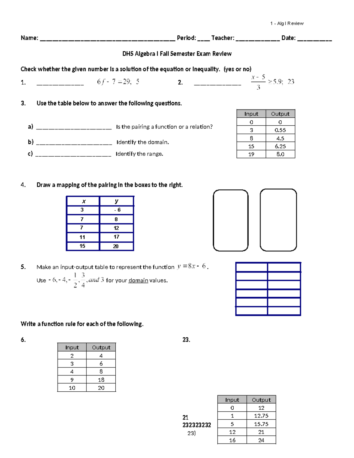 Algebra I Fall Semester Final Exam Review - Studocu