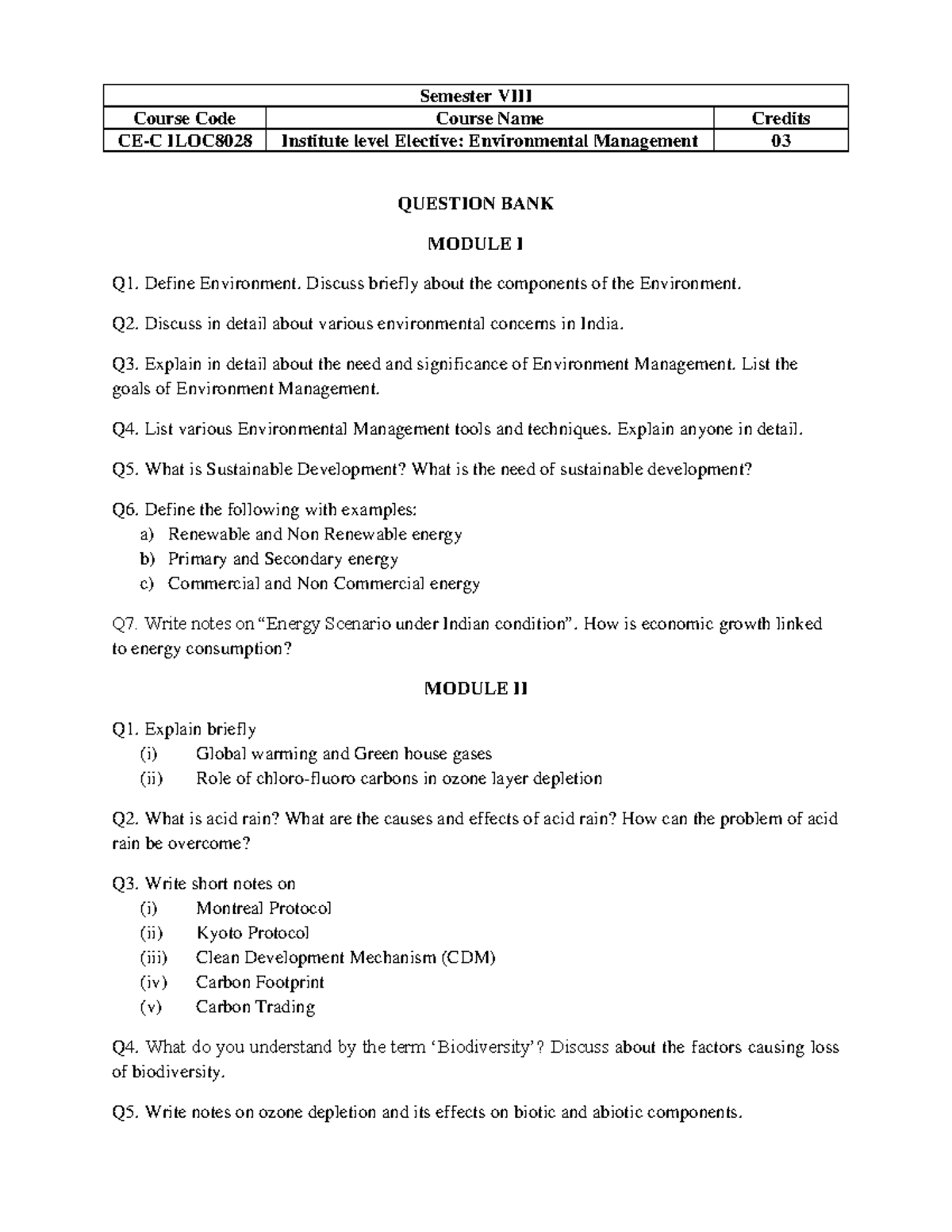 ILOC8028 Environmental Management Question Bank - Modules I to IV - Studocu