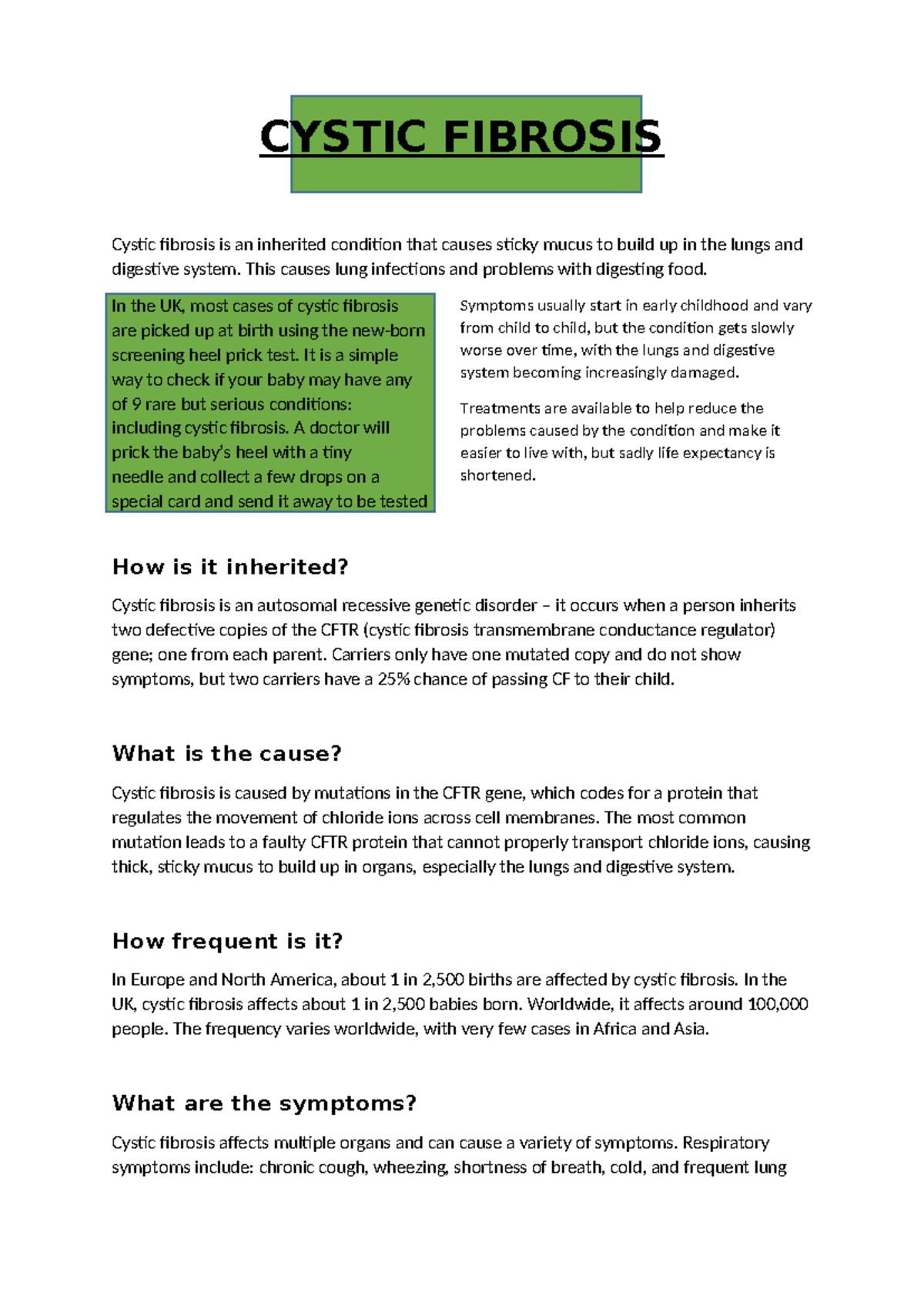 Cystic Fibrosis Overview: Key Facts and Insights in Biology - Studocu