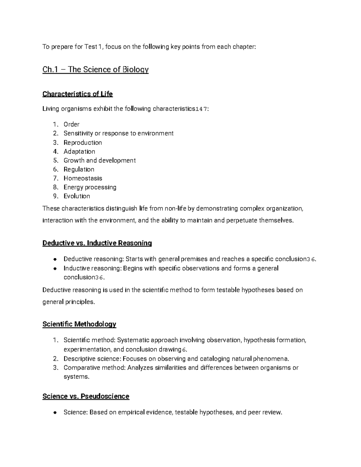Biology Test 1 Review: Key Points from Chapters 1-4 - To prepare for ...