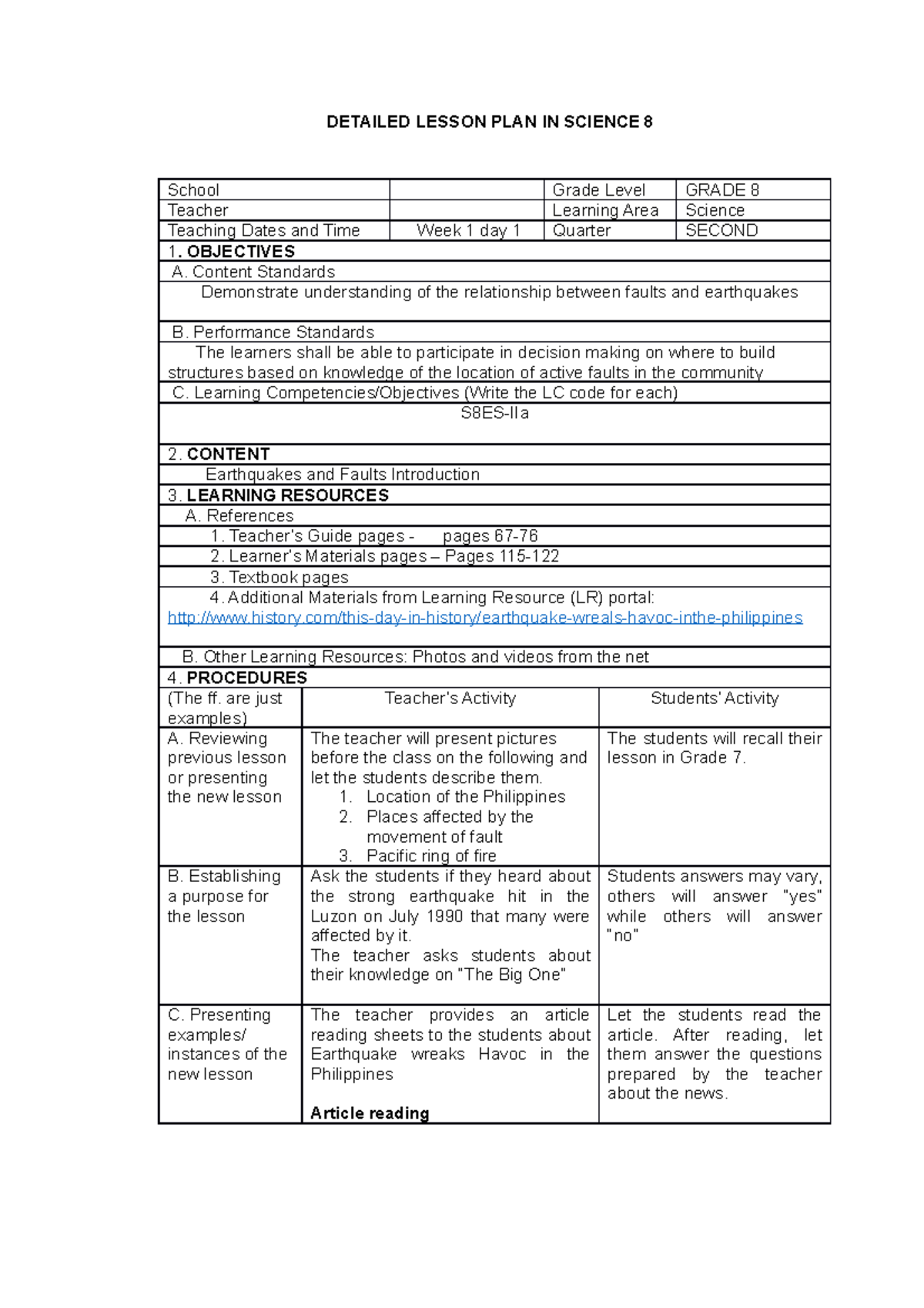 S8ES IIa Detailed Lesson Plan: Understanding Earthquakes and Faults ...