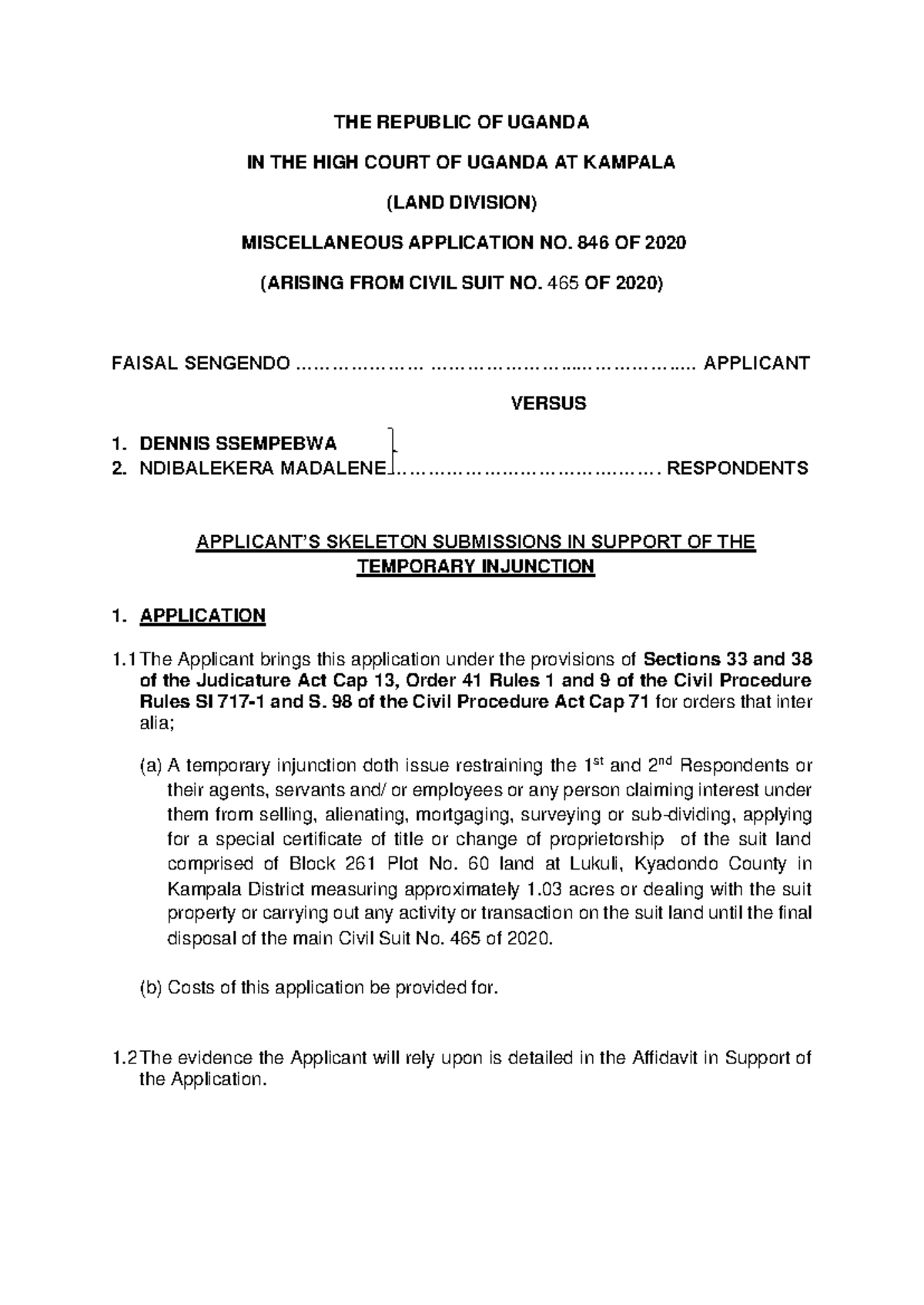 Skeleton Submissions for Temporary Injunction: F. Sengendo vs D ...