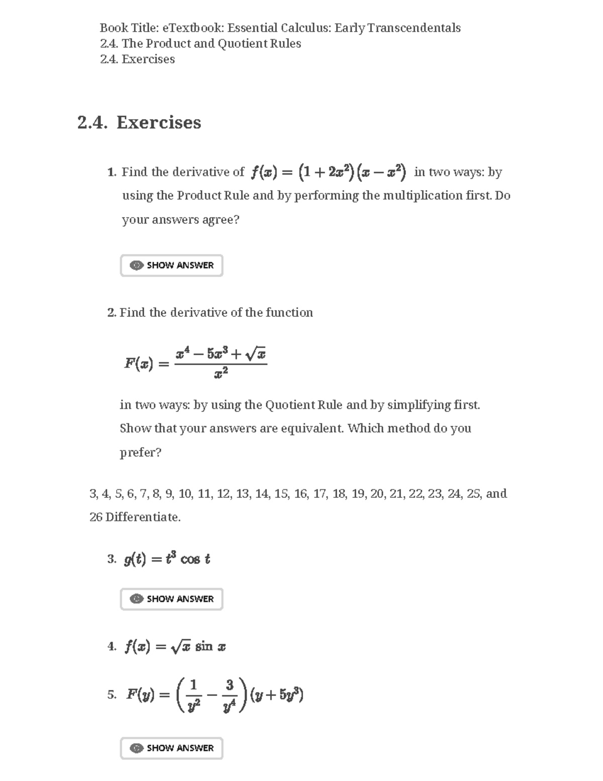 Calculus Exercises: Product & Quotient Rules (MATH101) - Studocu