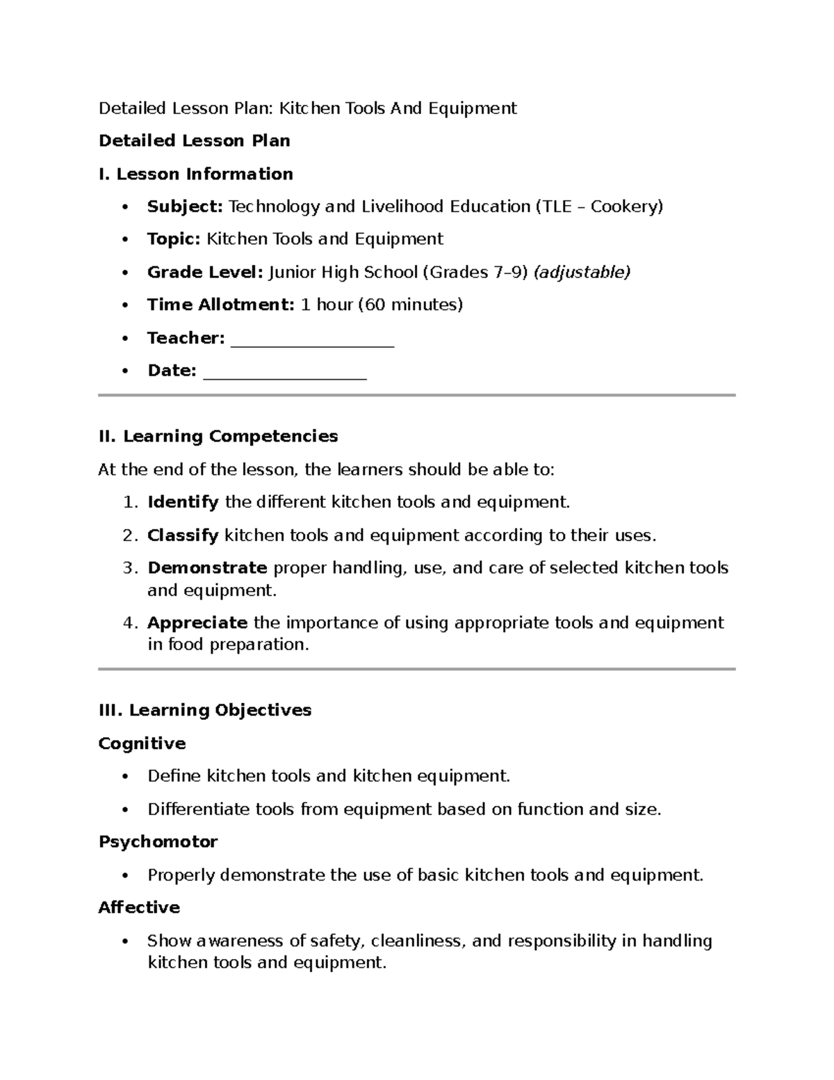 TLE 101: Detailed Lesson Plan on Kitchen Tools & Equipment - Studocu