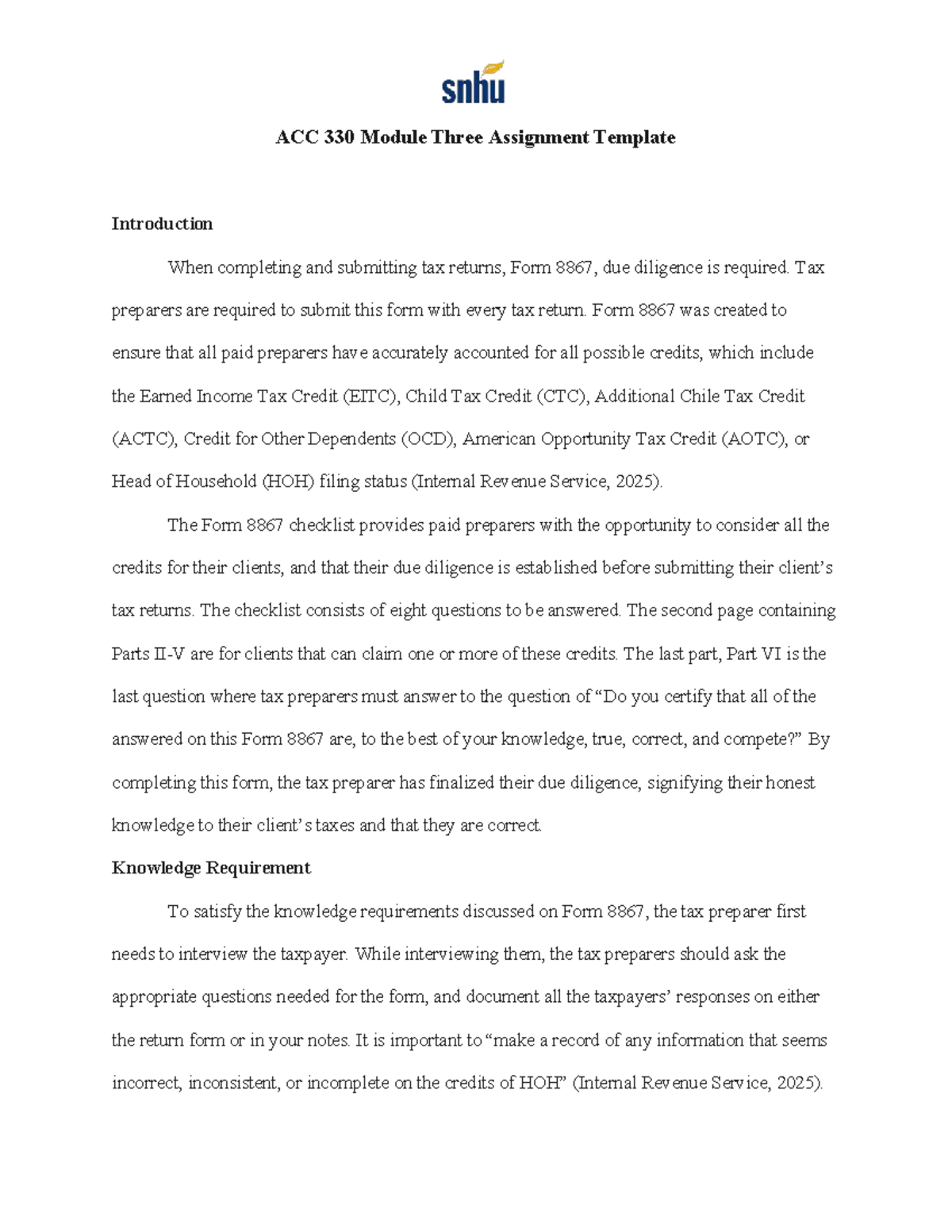 ACC 330 Module Three Assignment - Due Diligence on Form 8867 - Studocu