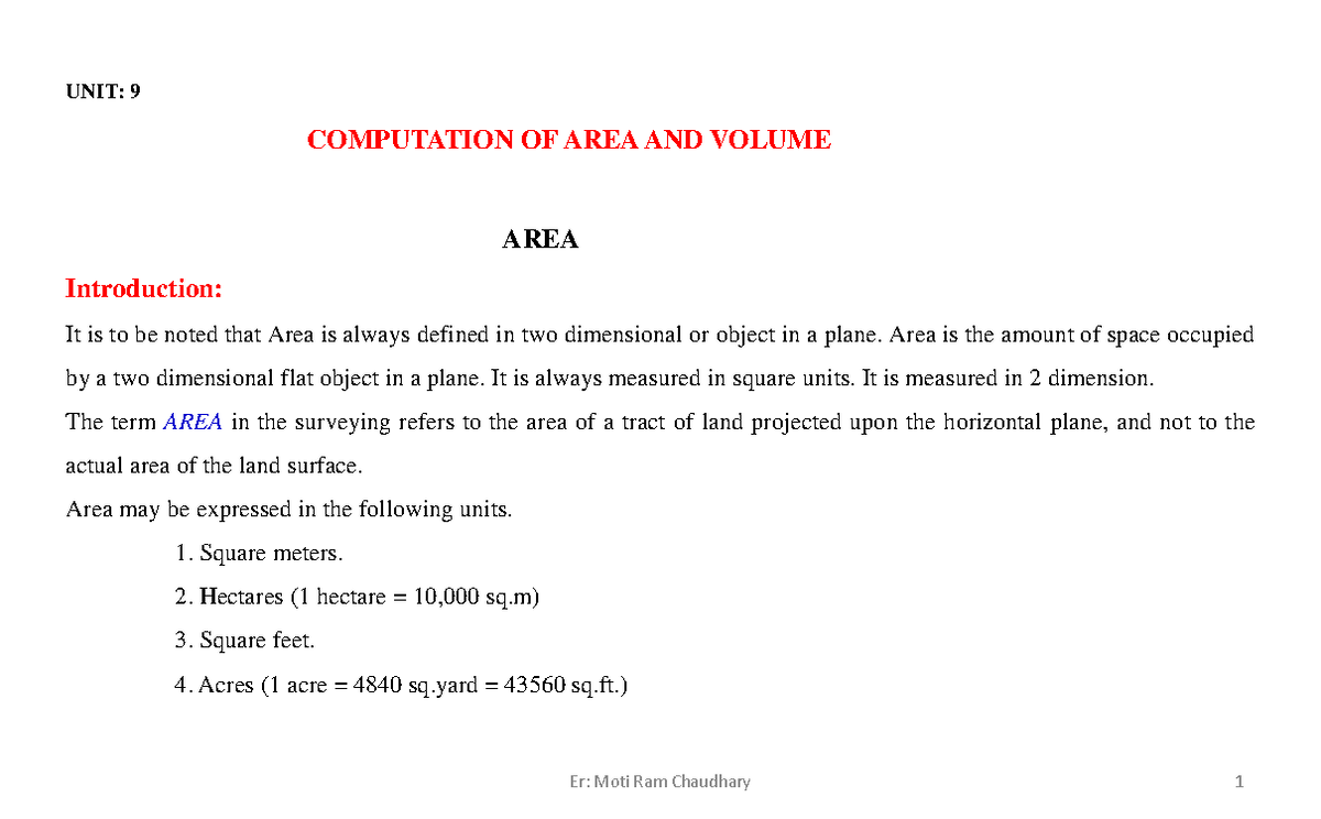 Unit 9: Computation of Area and Volume Methods and Applications - Studocu