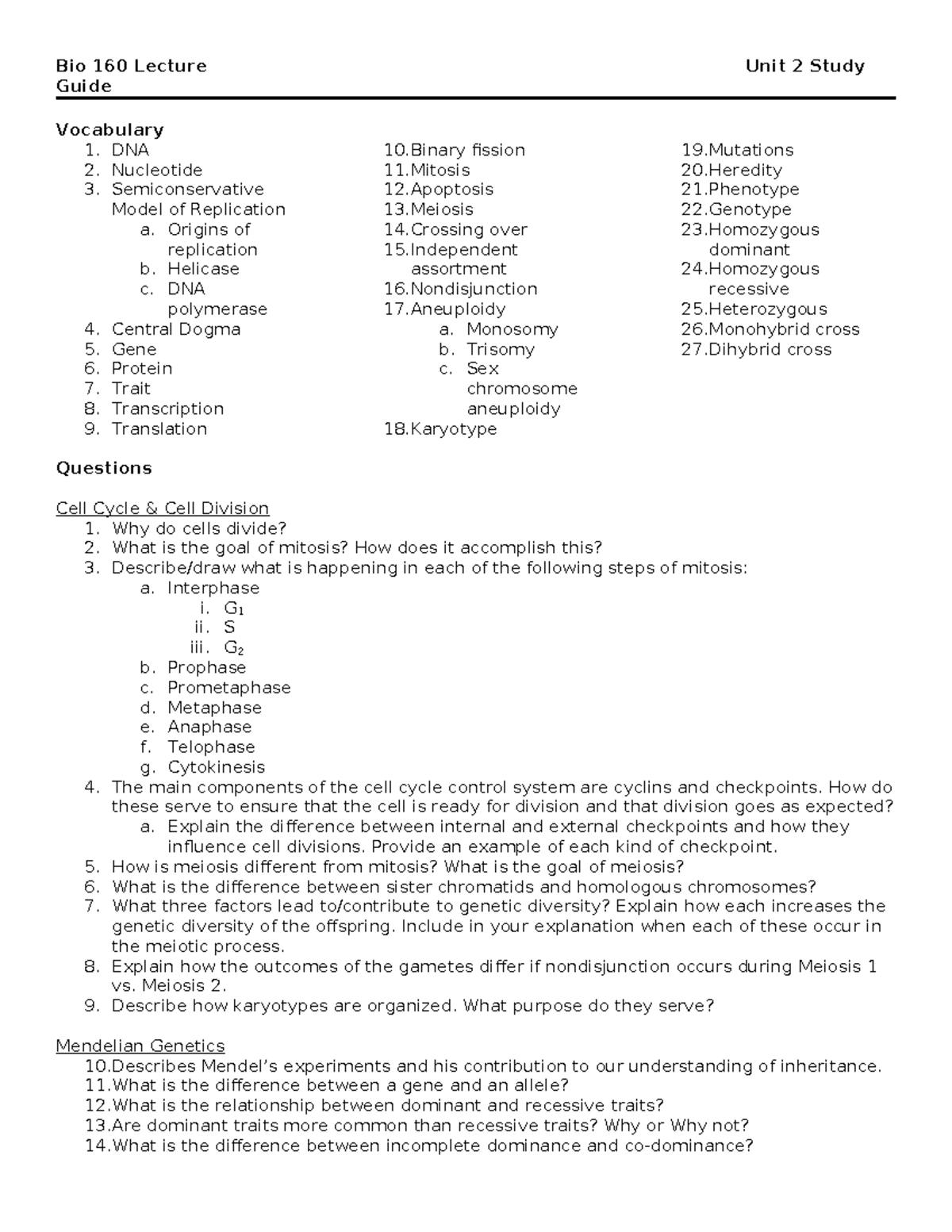Bio 160 Unit 2 Lecture Study Guide on Genetics & Cell Division - Studocu