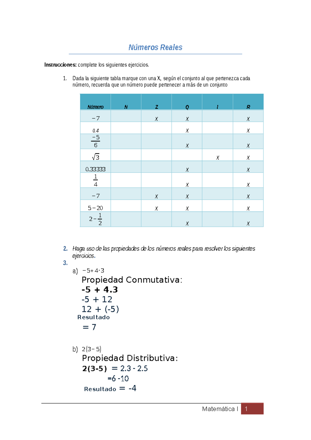Ejercicios de Números Reales - Matemática I - Studocu