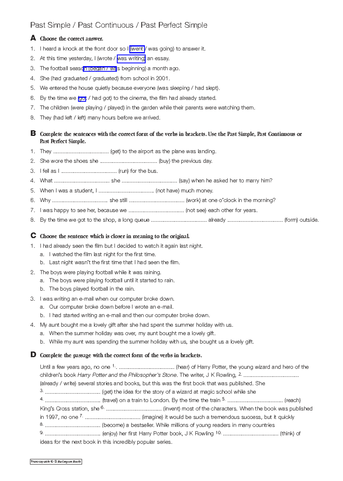 Grammar: Past Simple, Past Continuous, and Past Perfect Exercises 2664 ...