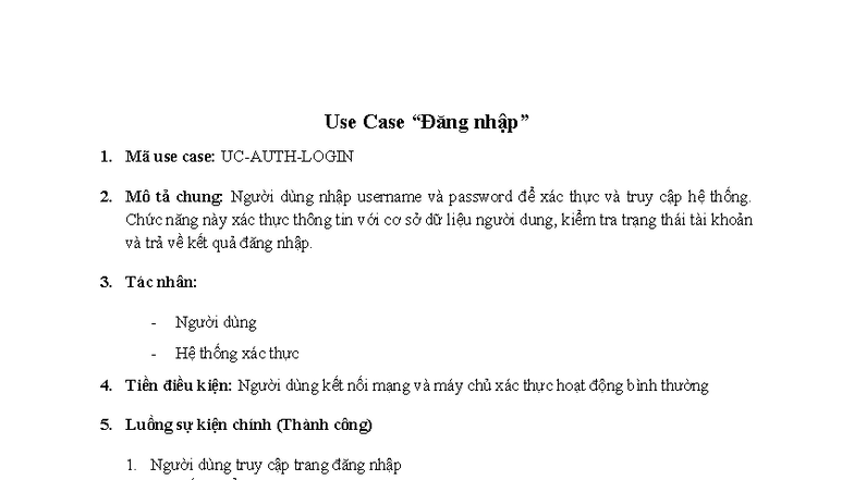 Dac Ta Use Case: Xác Thực Đăng Nhập Người Dùng - Studocu