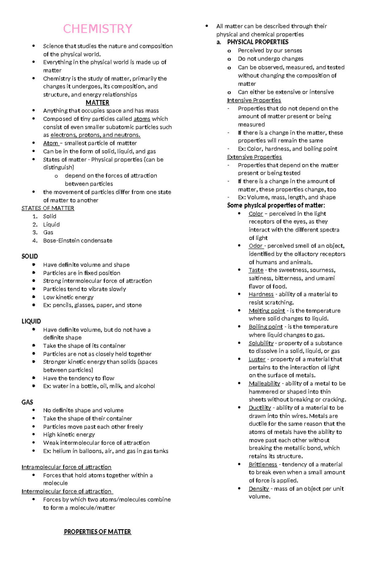 Chemistry reviewer - review notes - CHEMISTRY Science that studies the ...