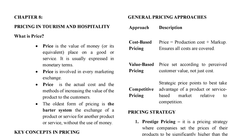 CHAPTER 8: PRICING STRATEGIES IN TOURISM & HOSPITALITY THM-8 - Studocu