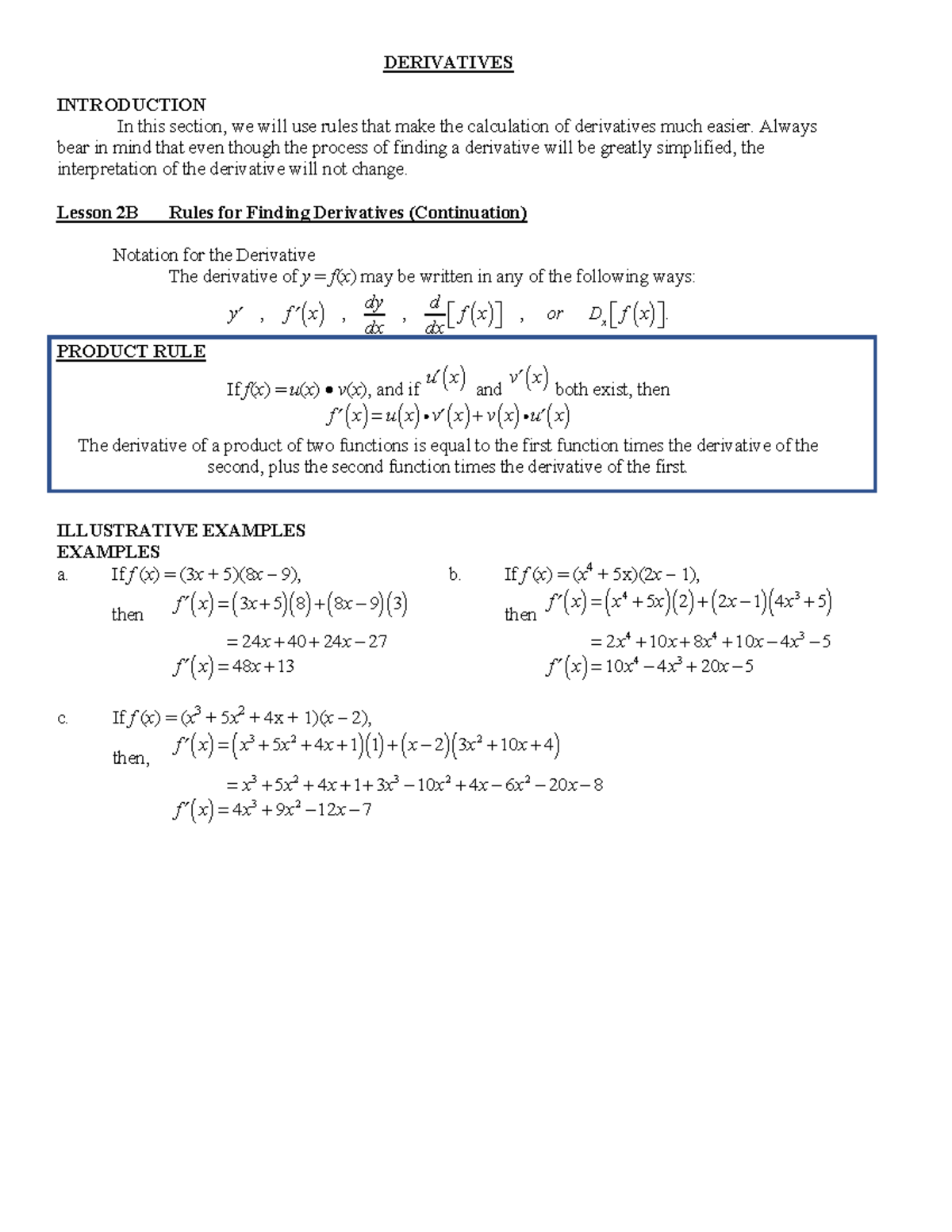 DERIVATIVES INTRODUCTION: Lesson 2B - Rules for Finding Derivatives ...