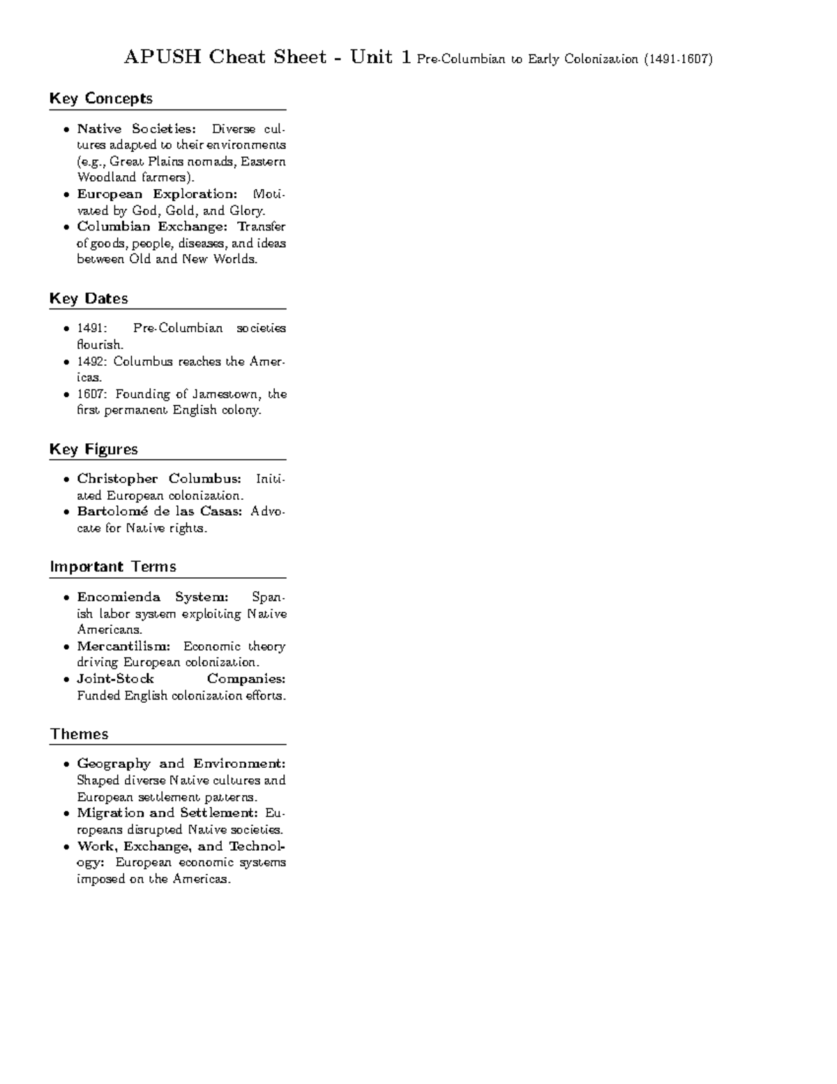 Apush - Notes - APUSH Cheat Sheet - Unit 1 Pre-Columbian to Early ...