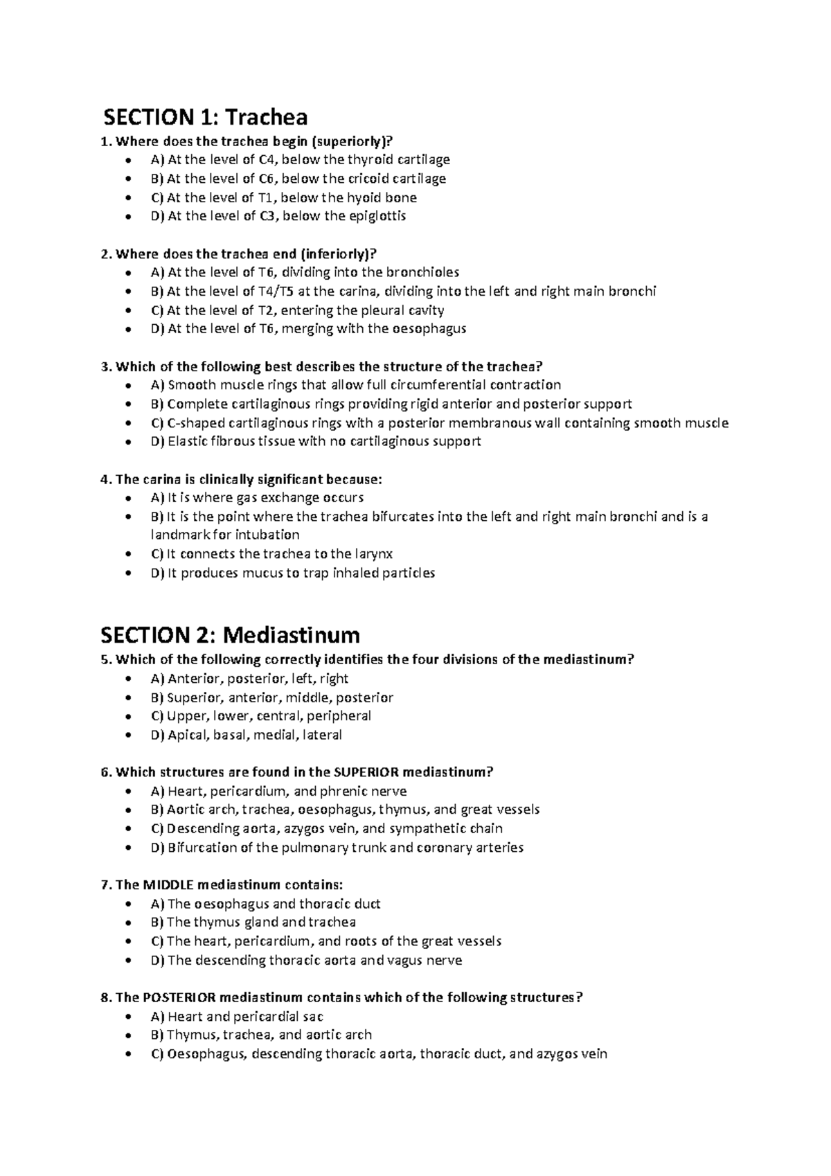 Bio 101: Practice Questions on Trachea, Mediastinum, and Heart Anatomy ...