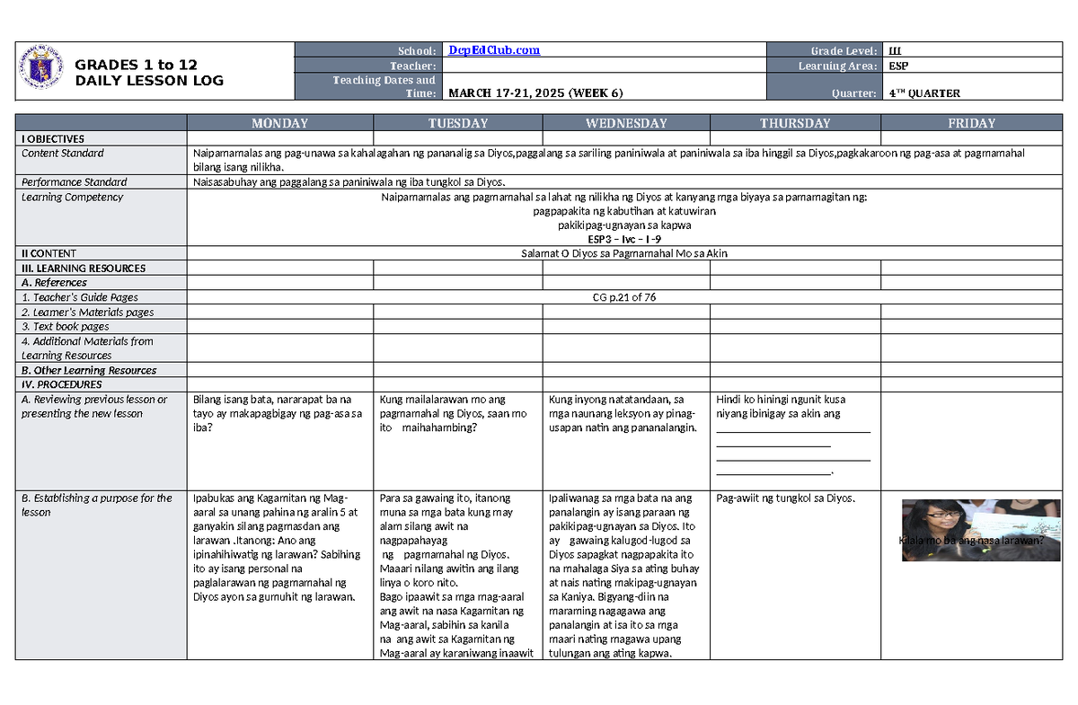 DLL ESP 3 Q4 W6 - Daily Lesson Log for Grade 3 - Studocu