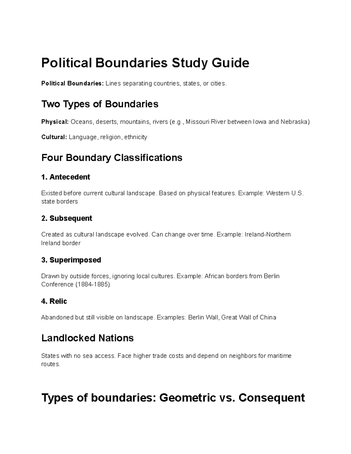 World Geography Unit 3 Topic 1.2: Political Boundaries Study Guide ...