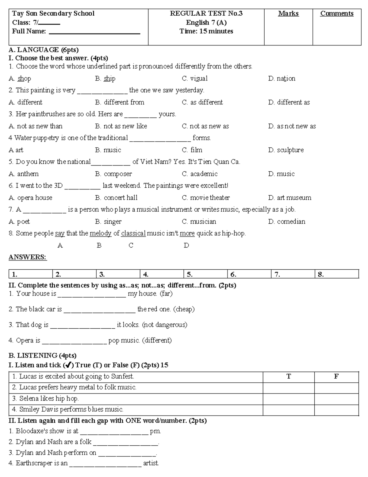 Đề 3 - Regular Test No.3 English 7 (A) - Listening & Language - Studeersnel