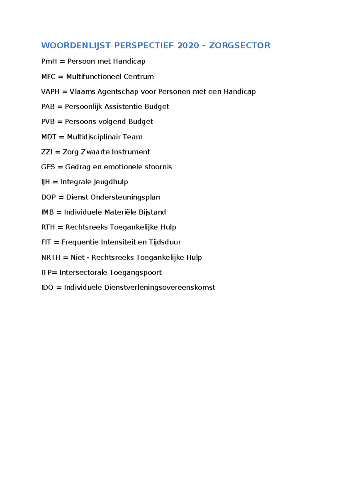 Lijst afkortingen - les 2 - WOORDENLIJST PERSPECTIEF 2020 – ZORGSECTOR ...